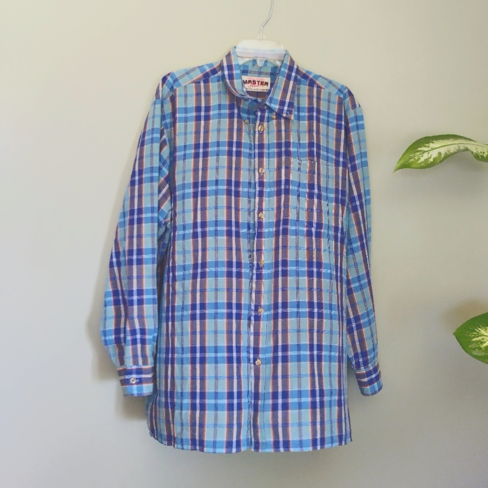 Vintage Tailored Master Stroke Blue Plaid Button Down… - Gem